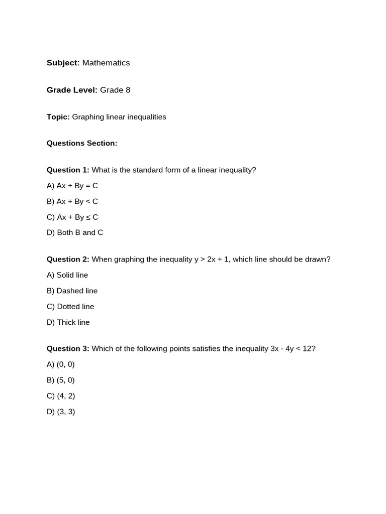 quiz_Mathematics (1) | PDF | Inequality (Mathematics) | Equations