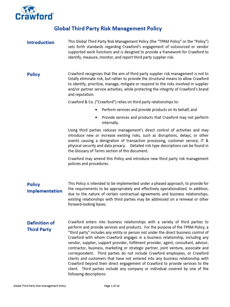 Global Third Party Risk Management Policy Oct 2017 | PDF | Risk ...