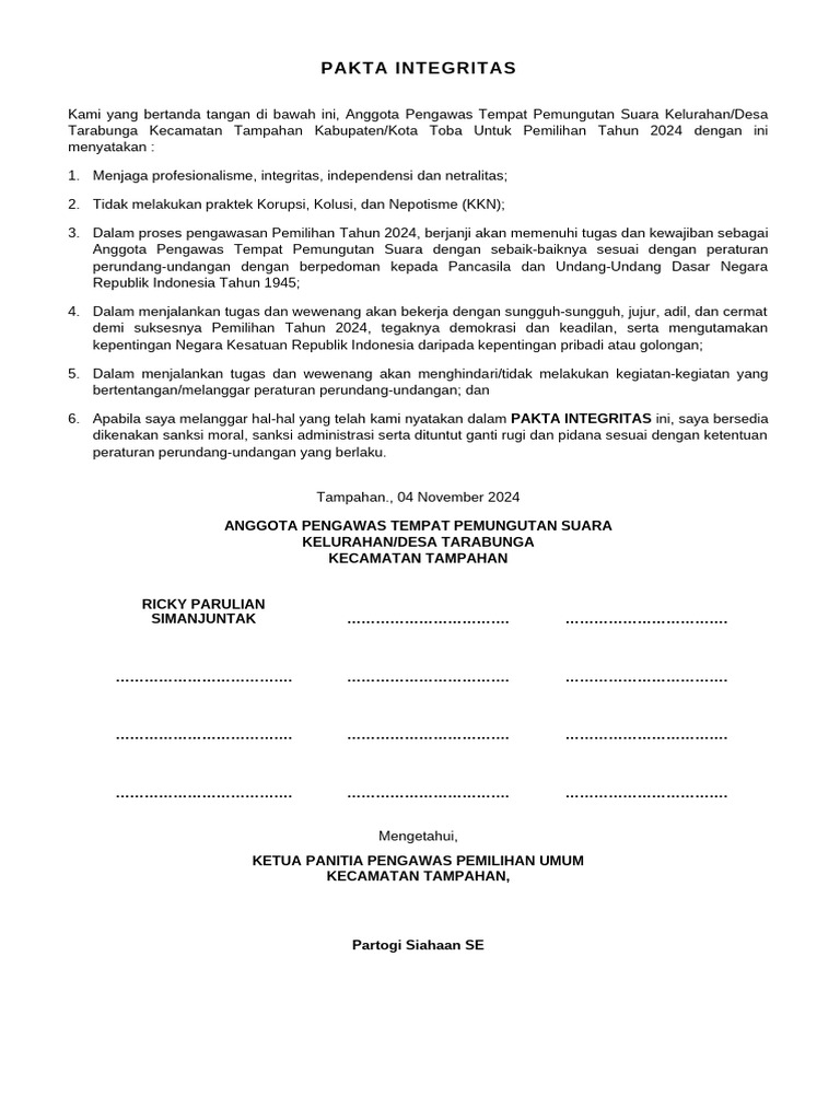 PAKTA INTEGRITAS Untuk Di TTD PTPS - Dibuat Per Kel - Desa-Tarabunga | PDF