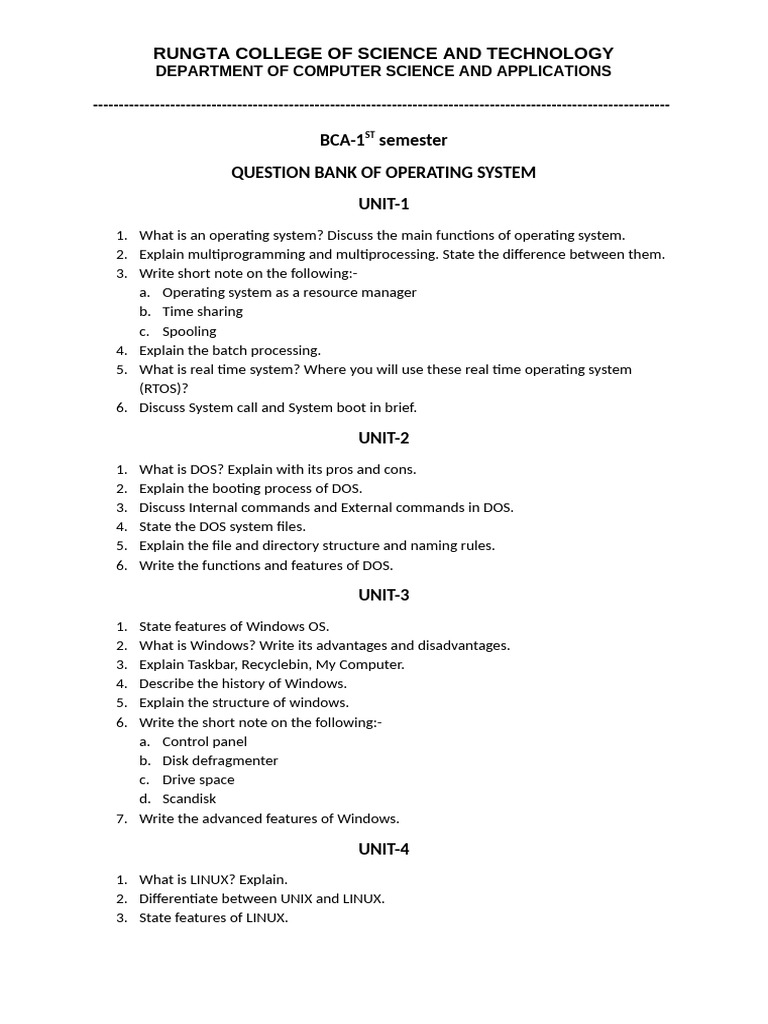 BCA Operating System Question Bank | PDF | Computers | Technology & Engineering