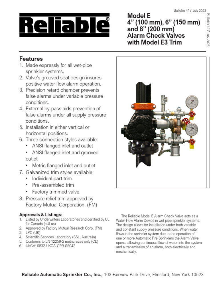 Reliable Alarm Check Valve DATASHEET | PDF | Fire Sprinkler System | Valve