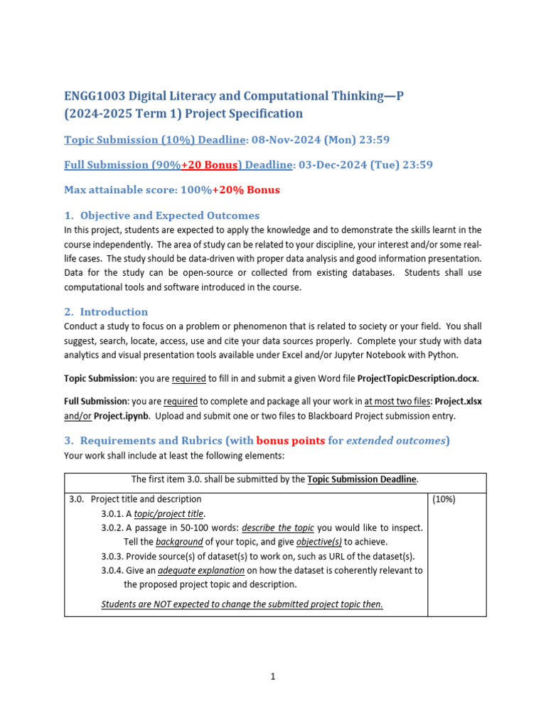 ENGG1003 ProjectSpecification 2024-25term1 | PDF | Microsoft Excel | Artificial Intelligence