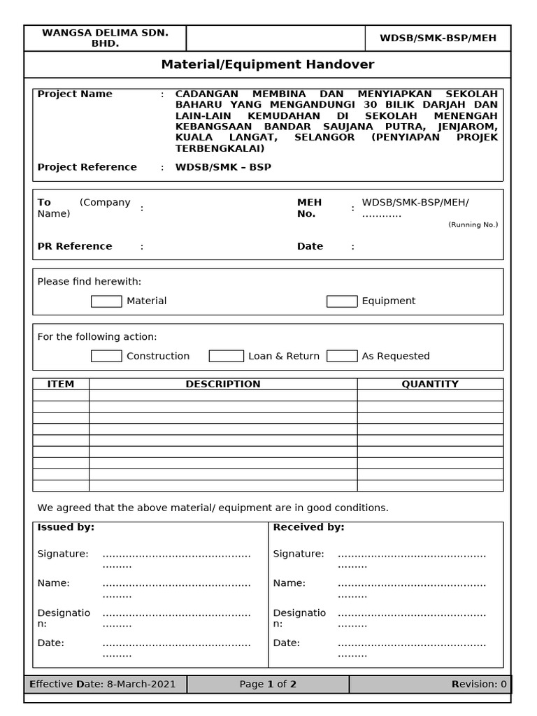 03 - MEH - Meterial Equipment Handover | PDF
