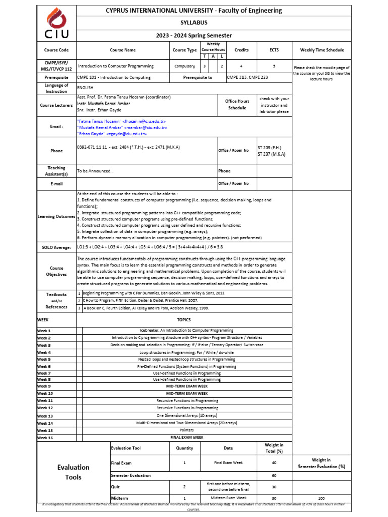 CPE112 - Intro. To Programming-Syllabus | PDF | Computer Programming | C++ CPE112 - Intro. To Programming-Syllabus | PDF | Computer Programming | C++