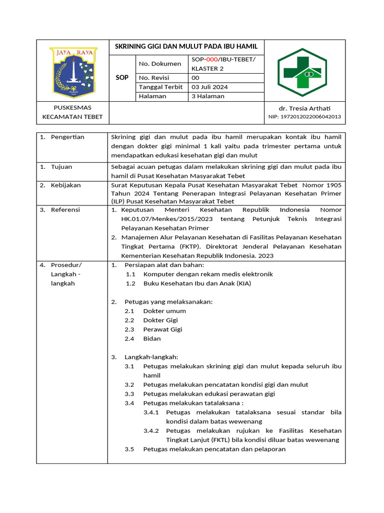 SOP Skrining Gigi Dan Mulut Pada Ibu Hamil | PDF