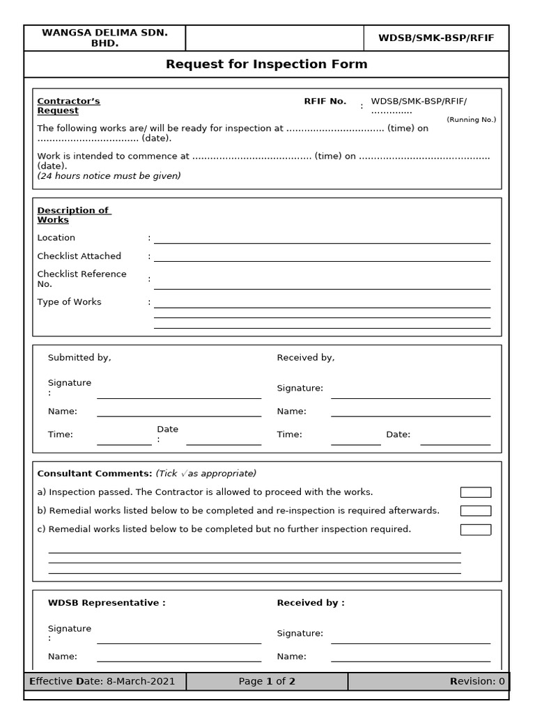 Contractor Inspection Request Form | PDF | Technology & Engineering