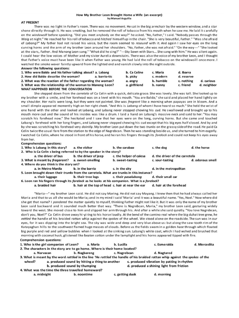 How My Brother Leon Brought Home A Wife - WORKSHEETS | PDF