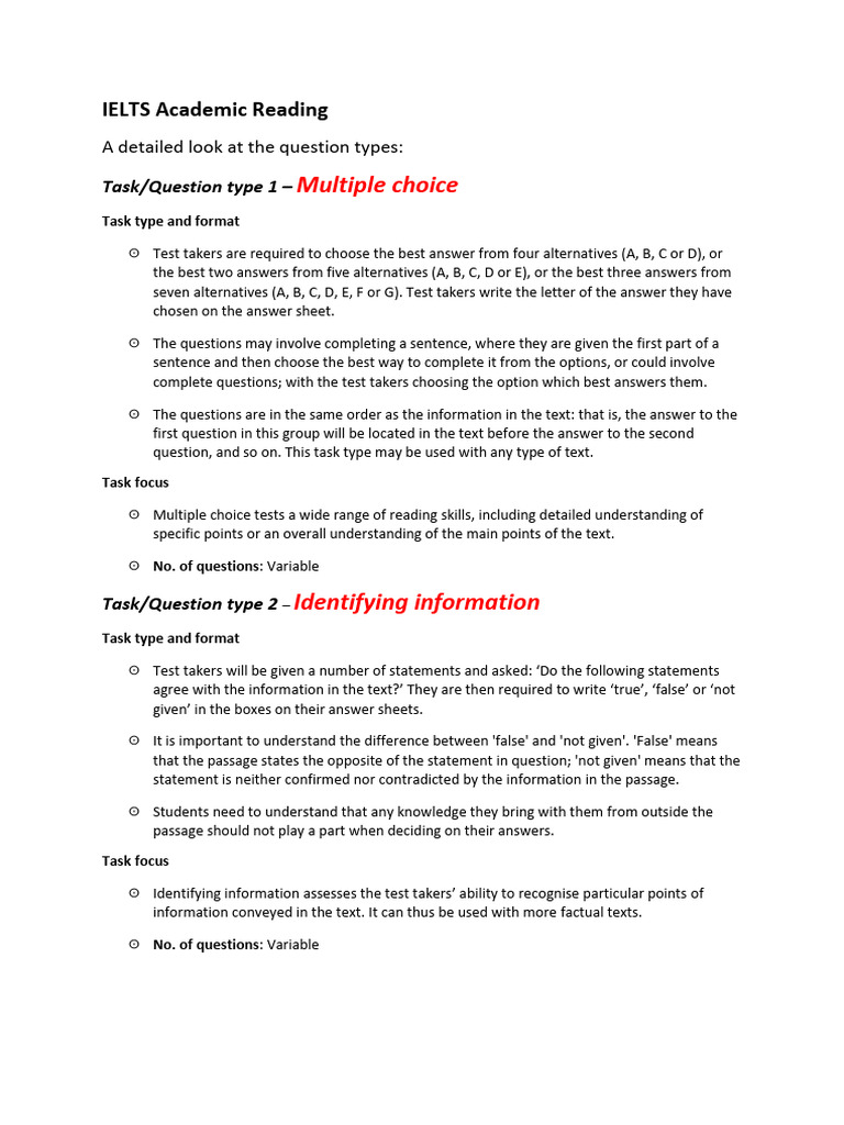 IELTS Academic Reading Question Types With Details | PDF ...