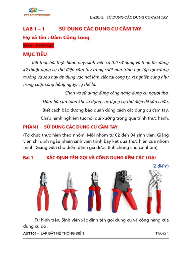 Đàm Công Long - Ph 57347 -01 Aut104-Lab 1.1 Sử Dụng Các Dụng Cụ Cầm Tay | PDF