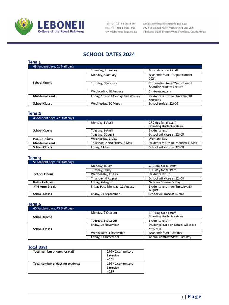Lebone College School Calendar 2024 | PDF