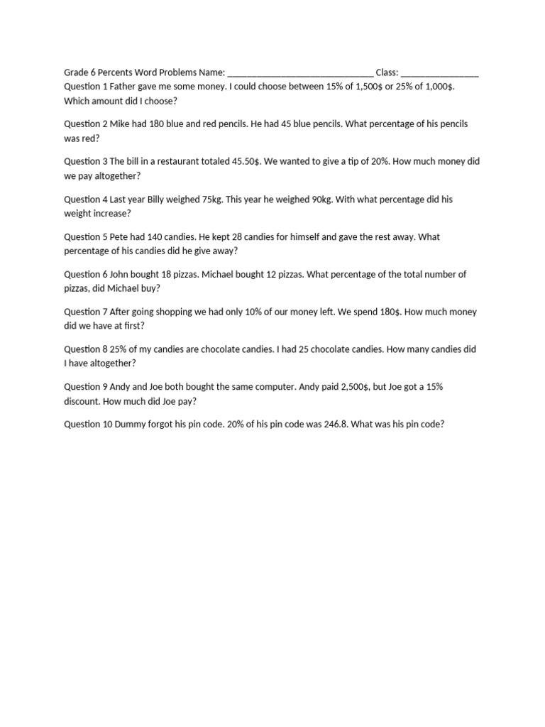 Grade 6 Percents Word Problems Name | PDF