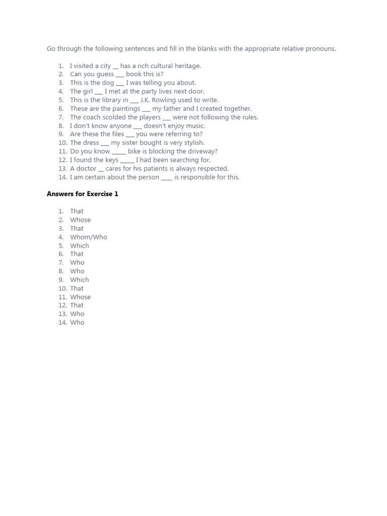 Relative Pronouns Exercise Answers | PDF | Language Arts & Discipline