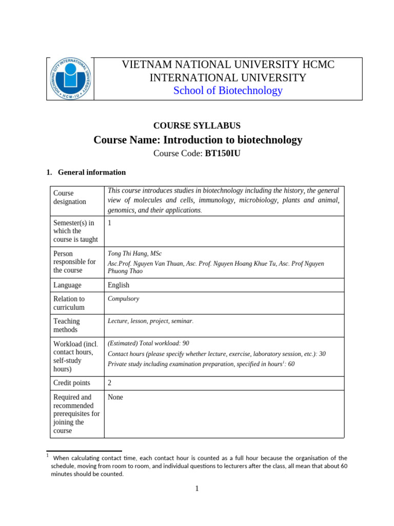 Introduction to Biotechnology Course Syllabus | PDF | Biotechnology ...