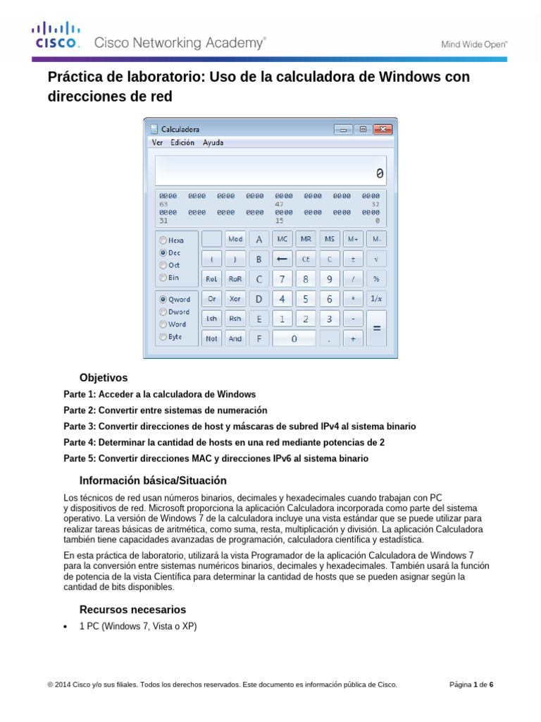 Actividad 2.1 Uso de La Calculadora de Windows Con Direcciones de Red ...