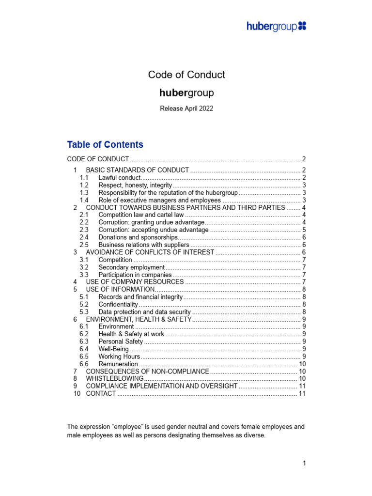 Hubergroup Code of Conduct Overview | PDF | Employment | Occupational ...
