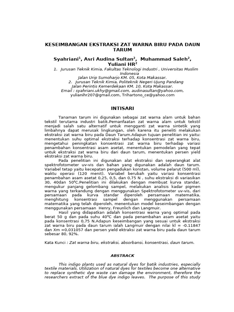 Jurnal Penelitian Keseimbangan Ekstraksi Zat Warna Biru Pada Daun Tarum ...