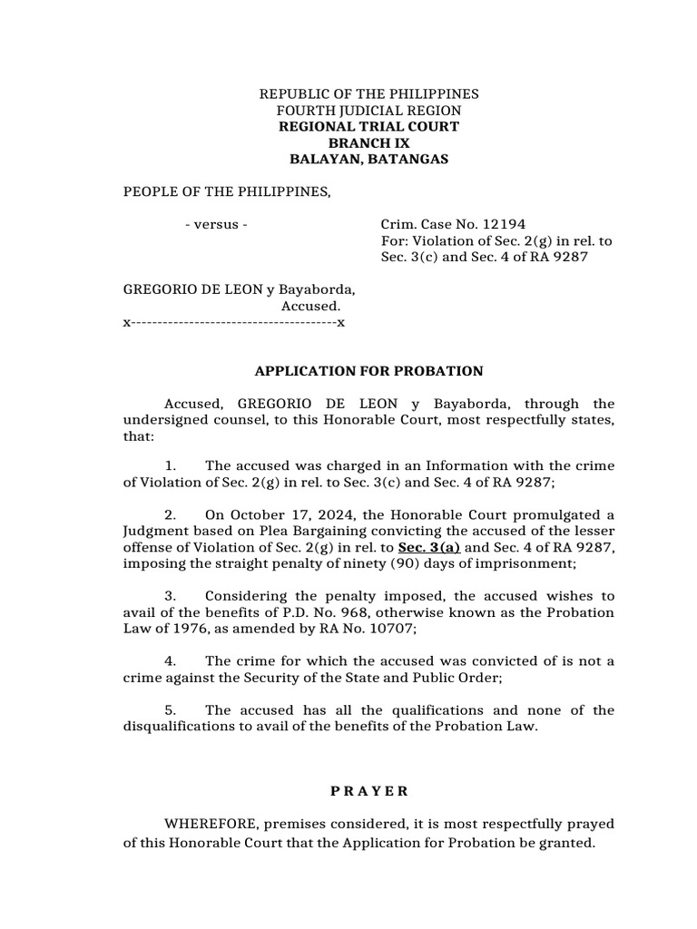 Application For Probation PP Vs Gil Tenorio | PDF | Probation | Government