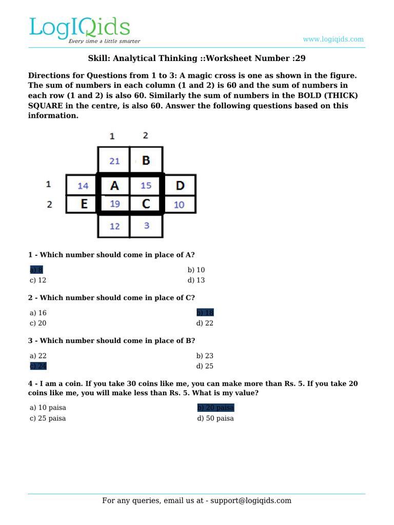 Skill: Analytical Thinking::Worksheet Number:29: A) 8 B) 10 C) 12 D) 13 ...