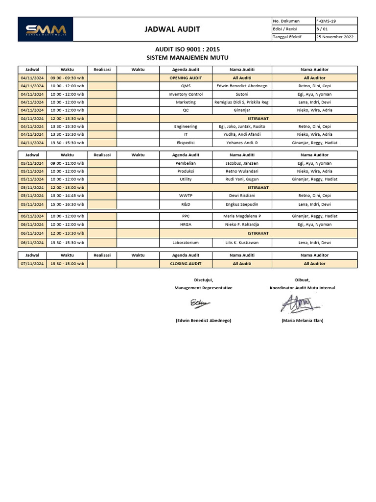 Jadwal Audit ISO 9001:2015 2024 | PDF