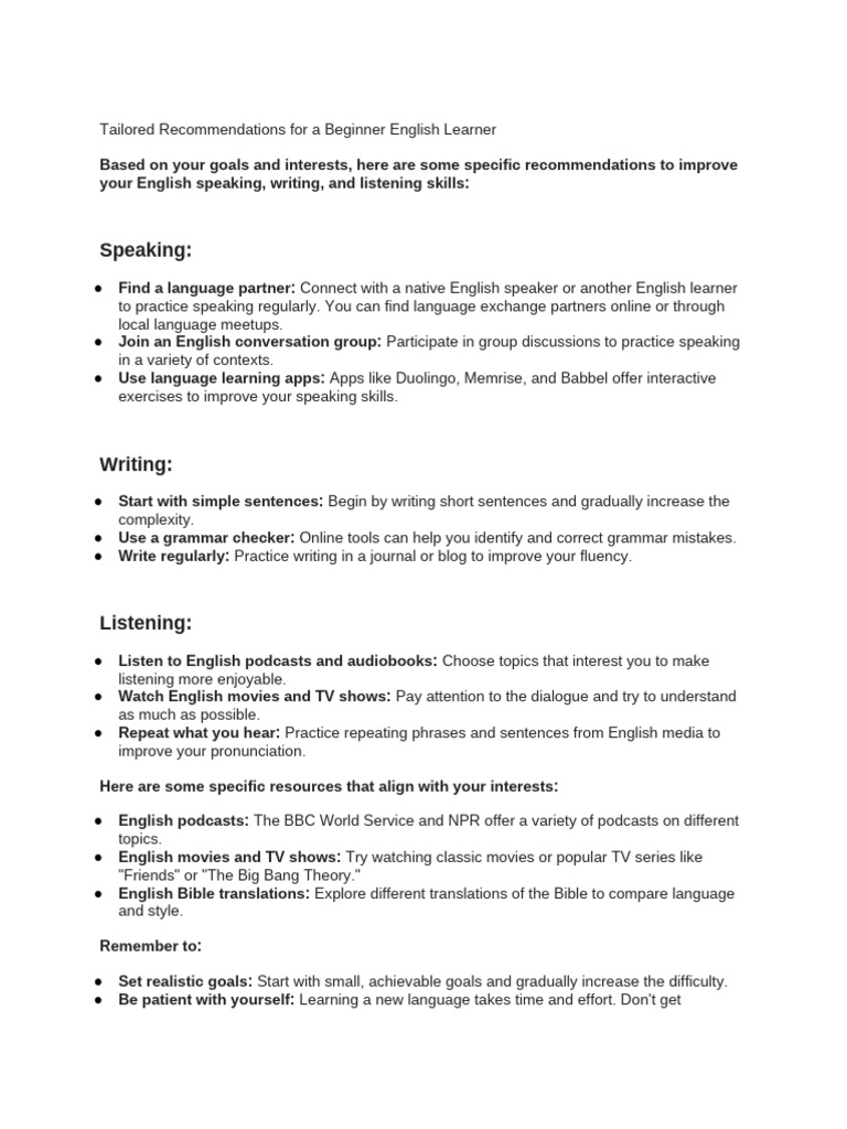 Beginner English Learning Tips & Resources | PDF | Career & Growth ...