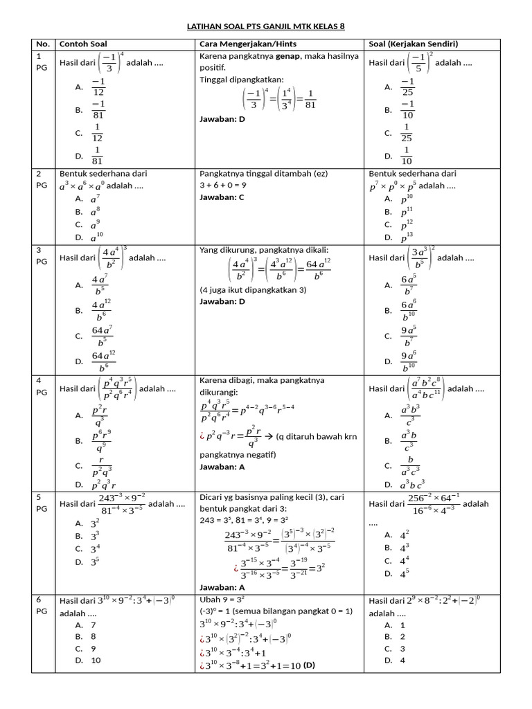 Latihan Soal PTS Ganjil MTK Kelas 8 | PDF
