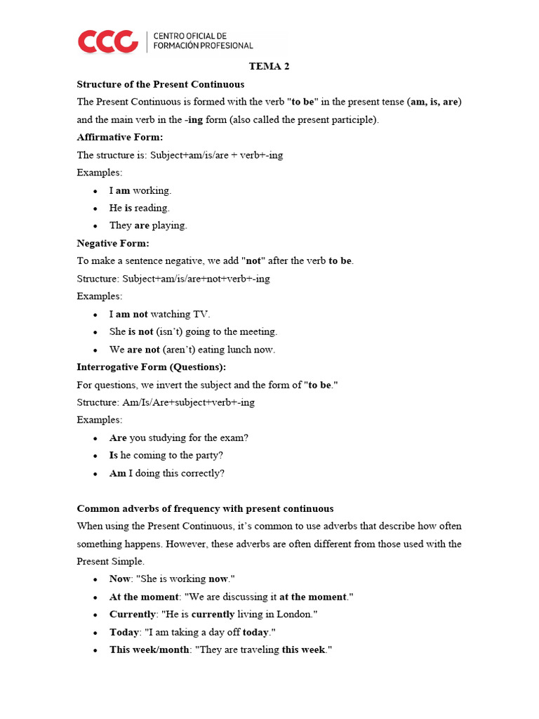 Present Continuous Structure Explained | PDF