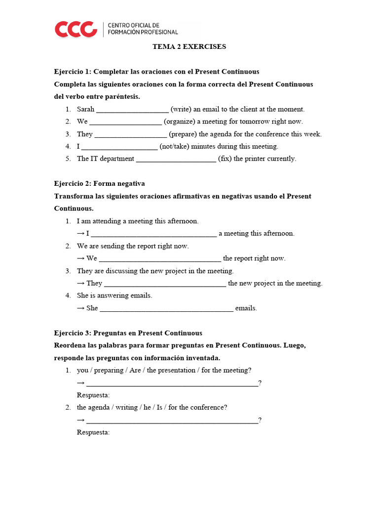 TEMA 2 EXERCISES (Present Continuous) | PDF