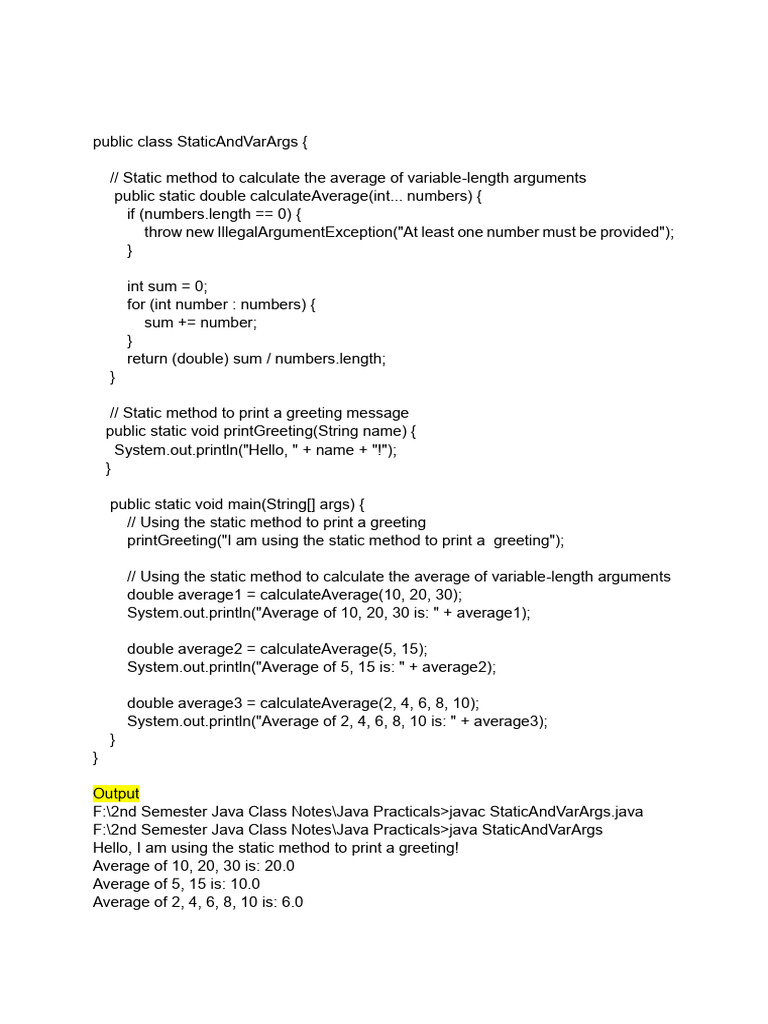 Java Static Methods & VarArgs Example | PDF