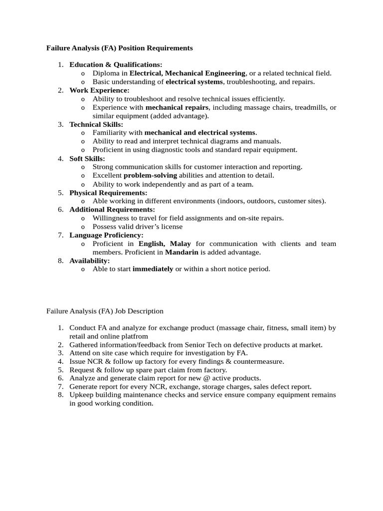 Failure Analysis Position Requirements Guide | PDF