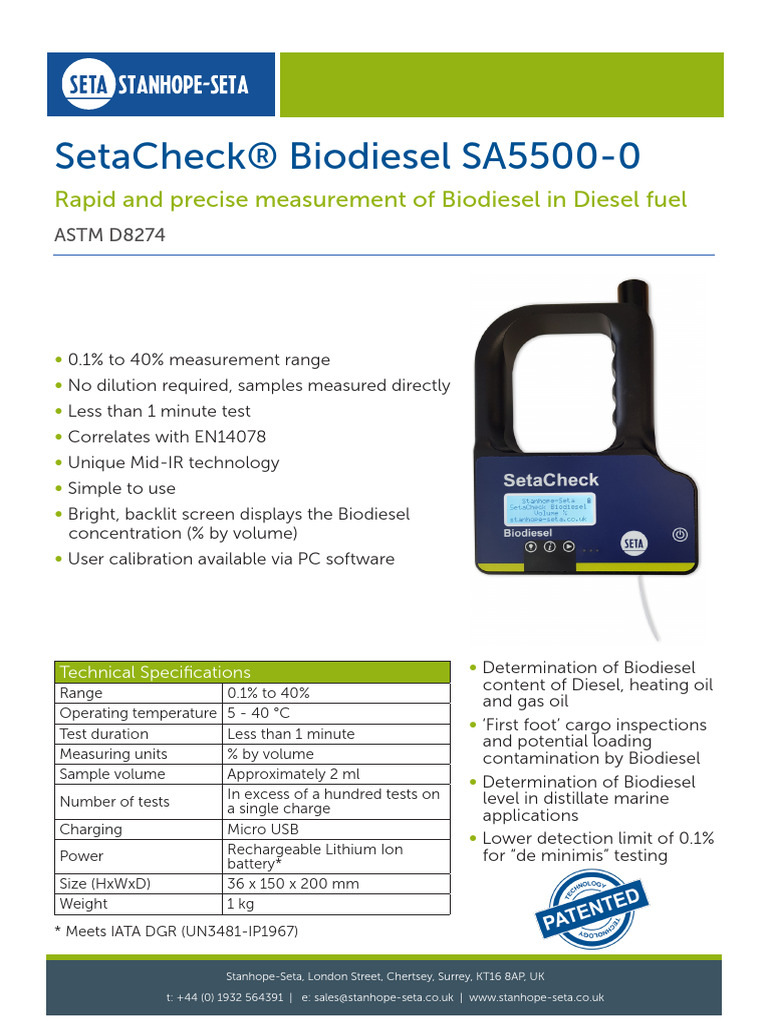 Handheld FAME Tester - SetaCheck Biodiesel | PDF | Biodiesel | Diesel Fuel