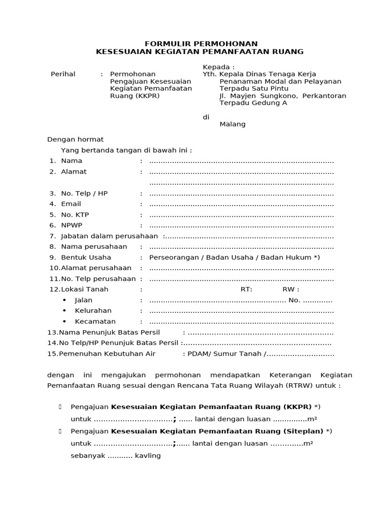 Permohonan KKPR Pemanfaatan Ruang Malang | PDF | Pengelolaan Keuangan ...