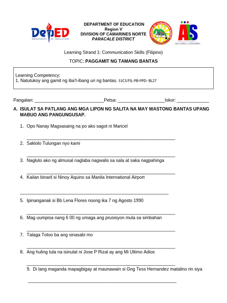 LS1 FILIPINO Tamang Bantas | PDF