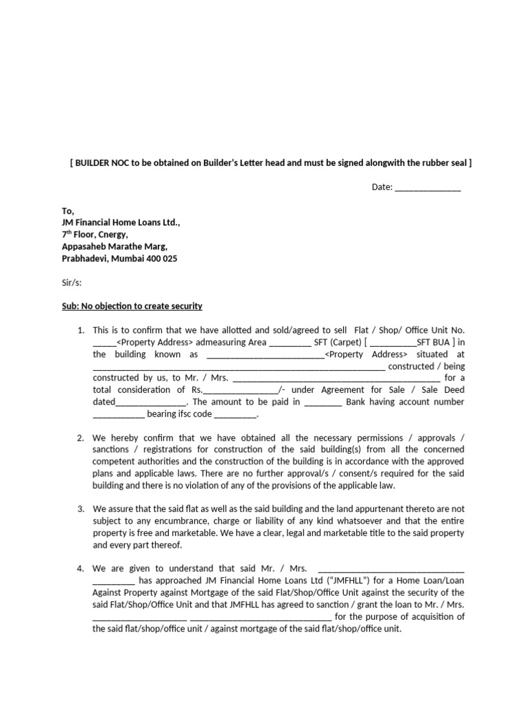 Builder NOC for Home Loan Approval | PDF | Mortgages | Natural ...