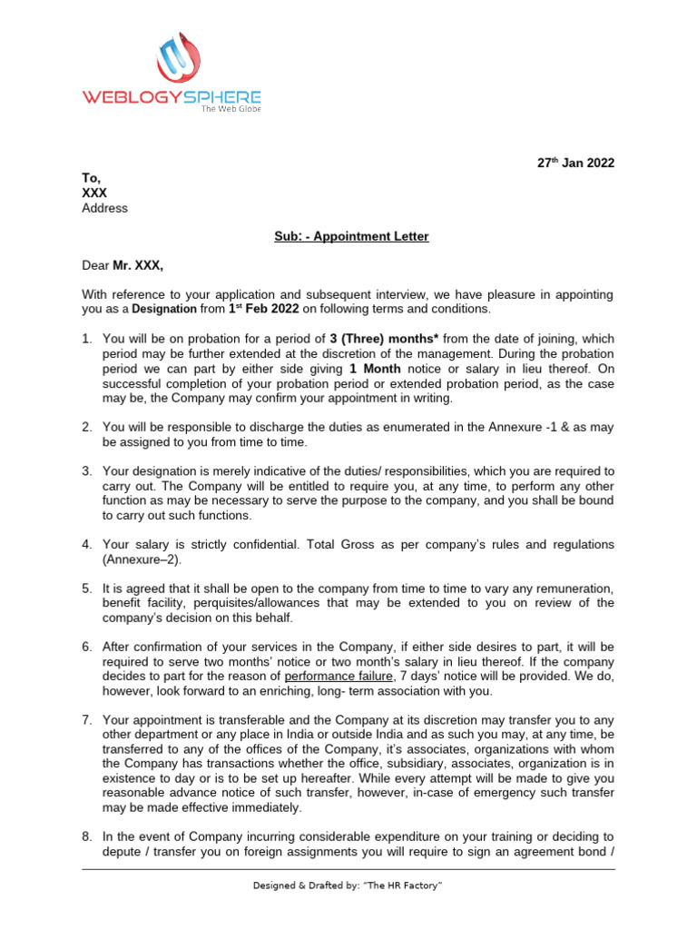 Appointment Letter Terms | PDF | Salary | Employee Benefits