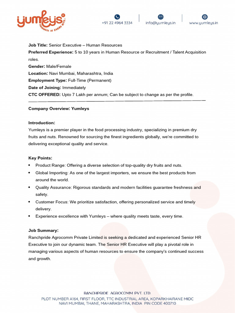 Sr. HR Senior Executive JD | PDF | Human Resources | Recruitment