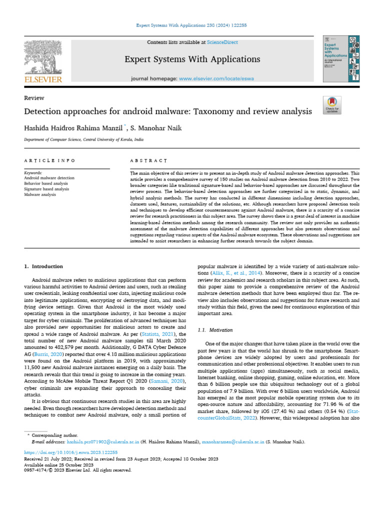 Detection Approaches For Android Malware Pdf Malware Android