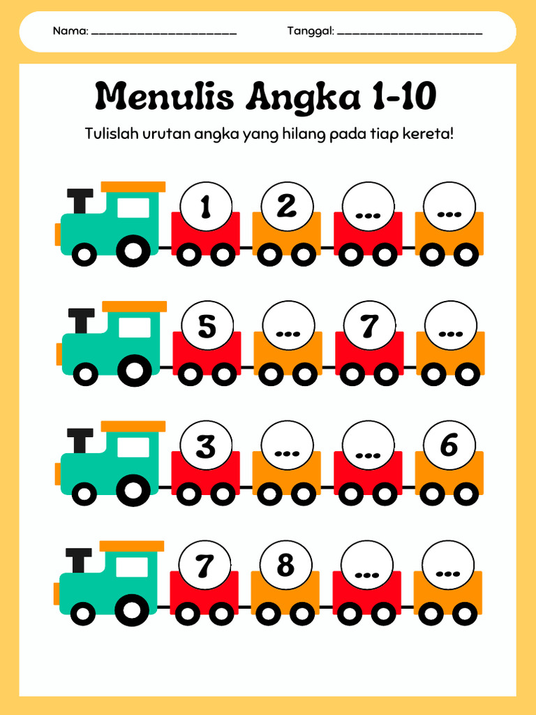 Lembar Kerja Menulis Angka 1-10 Ilustrasi Kuning Putih | PDF | Game ...