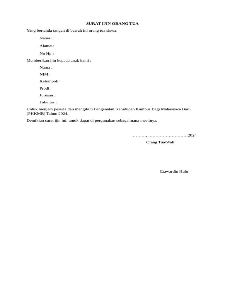 Format Surat Ijin Orang Tua | PDF