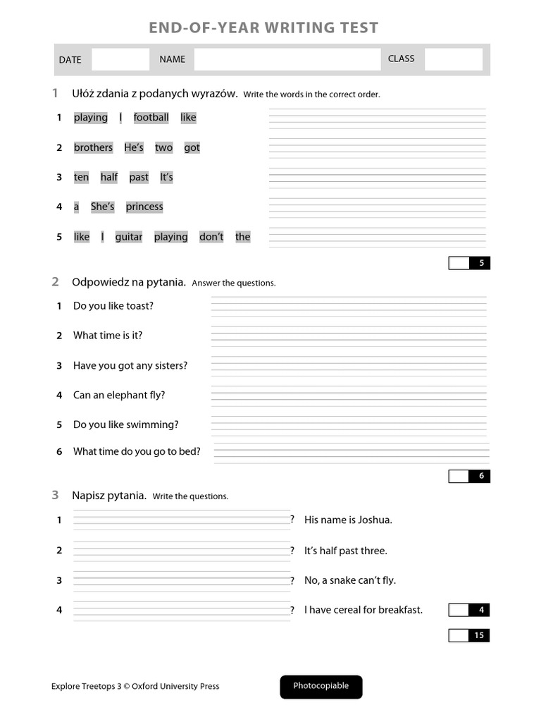 Treetops 3 Unit 1 Writing Test | PDF