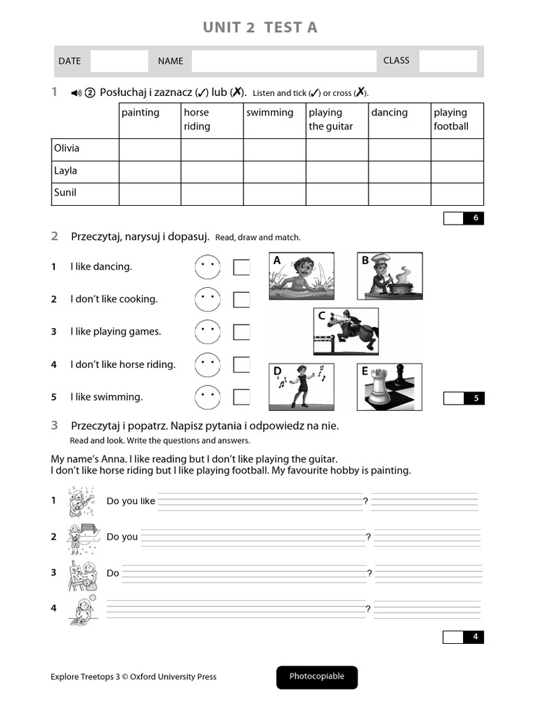 Explore Treetops Klasa III. Test Unit 2 | PDF