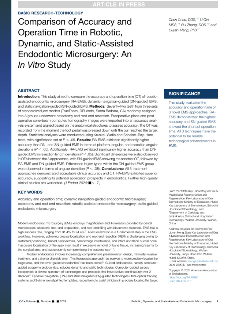 Comparison of Accuracy and Operation Time in Robotic, Dynamic, and Static-Assisted Endodontic ...