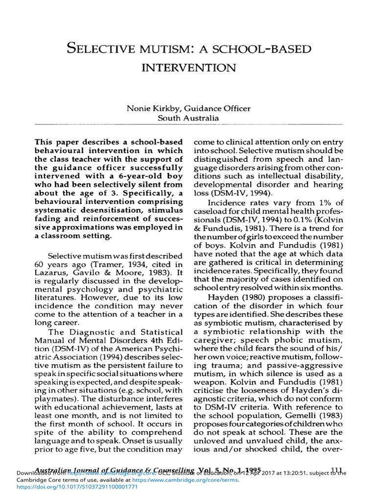 School-Based Intervention for Selective Mutism | PDF | Behavioural ...