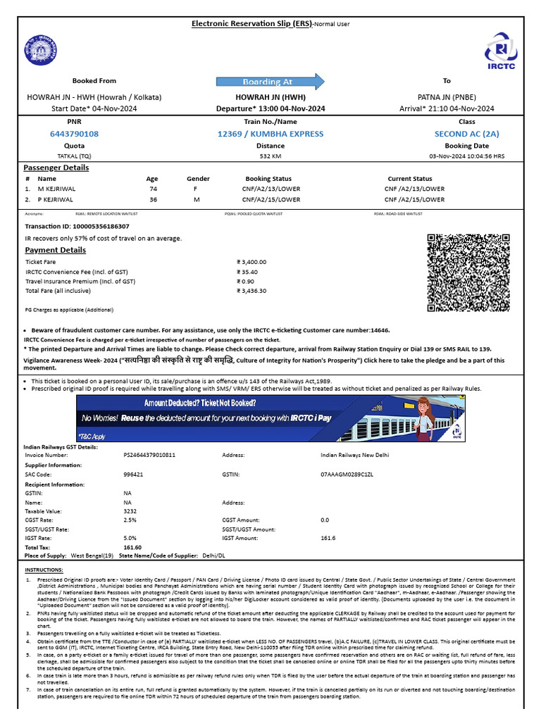 Kumbha Express Second Ac (2A) | PDF | Identity Document