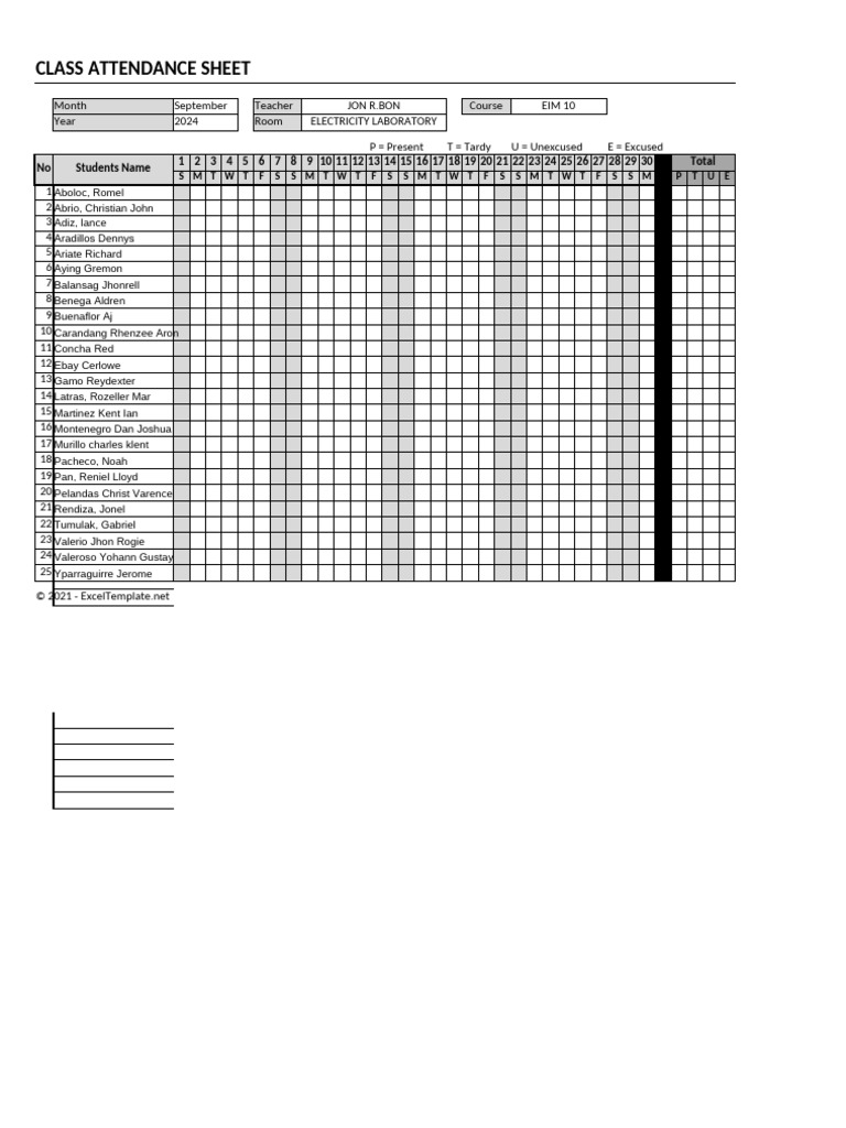 Class Attendance Sheet Monthly V1.0 | PDF