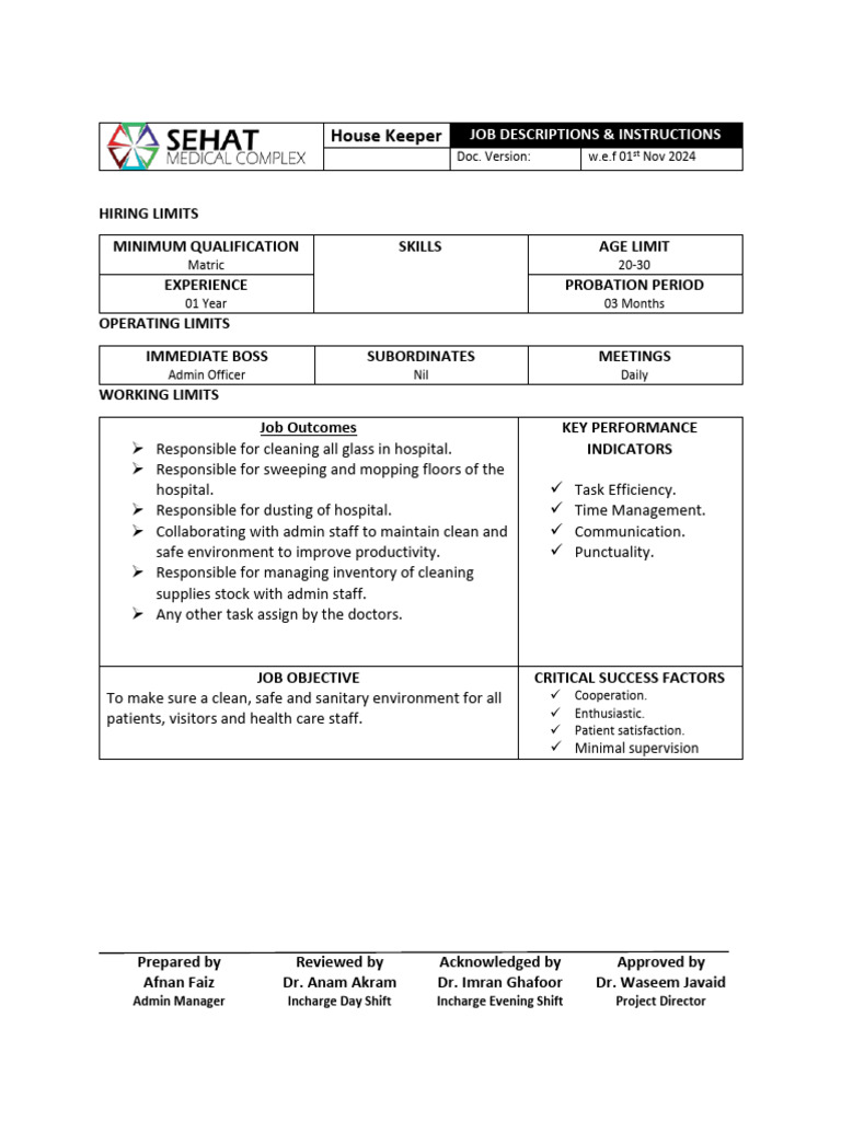 Housekeeper Job Description & Requirements | PDF