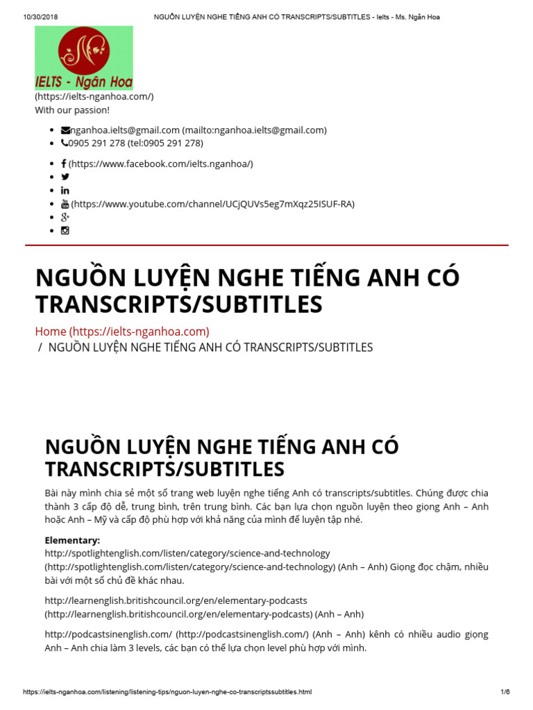 NGUỒN LUYỆN NGHE TIẾNG ANH CÓ TRANSCRIPTS - SUBTITLES - Ielts - Ms. Ngân Hoa | PDF