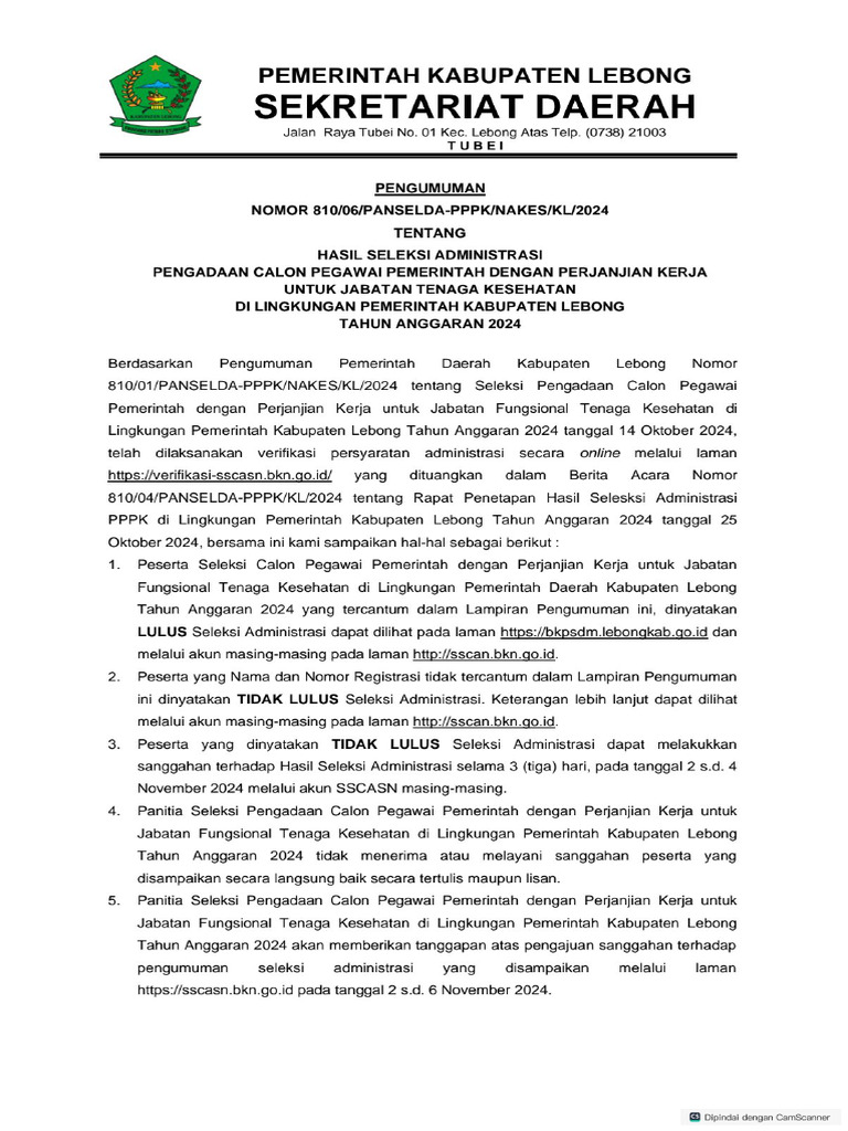 Pengumuman Hasil Seleksi Administrasi PPPK Nakes 2024 | PDF