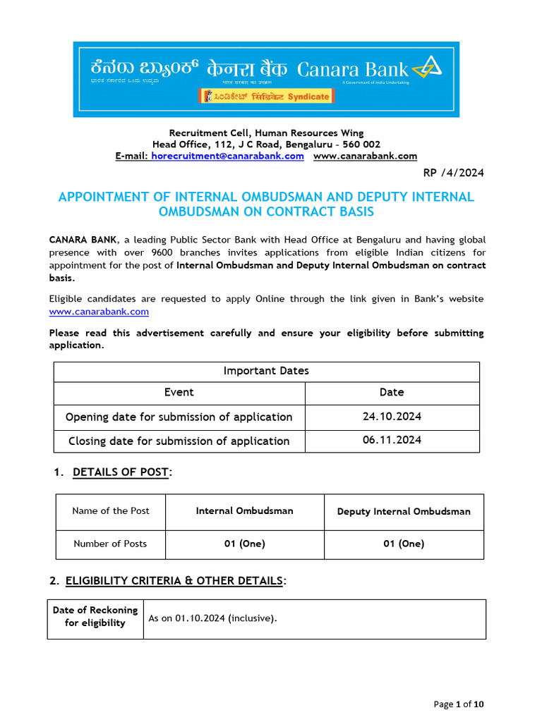02 Internal Ombudsman Posts Advt Details Canara Bank | PDF | Image ...