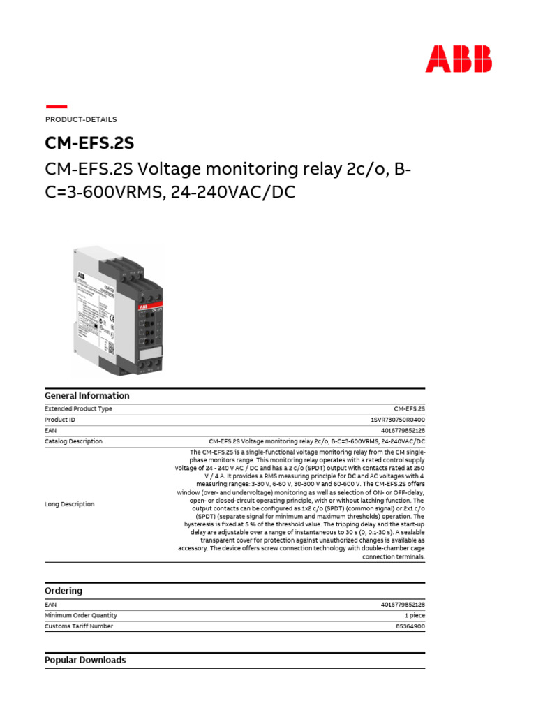 1SVR730750R0400 CM Efs 2s Voltage Monitoring Relay 2c o B C 3 600vrms 24 240vac DC | PDF ...