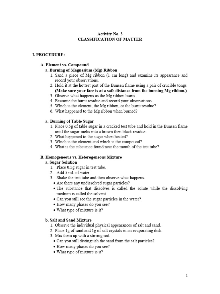 Classification of Matter Activity 3 Students | PDF | Mixture | Chemical ...